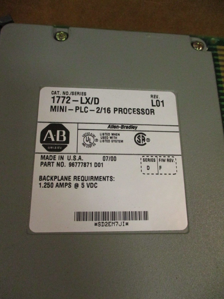 ALLEN BRADLEY MINI-PLC-2/16 PROCESSOR 1.25A 5VDC SER D FIRMWARE REV F ...
