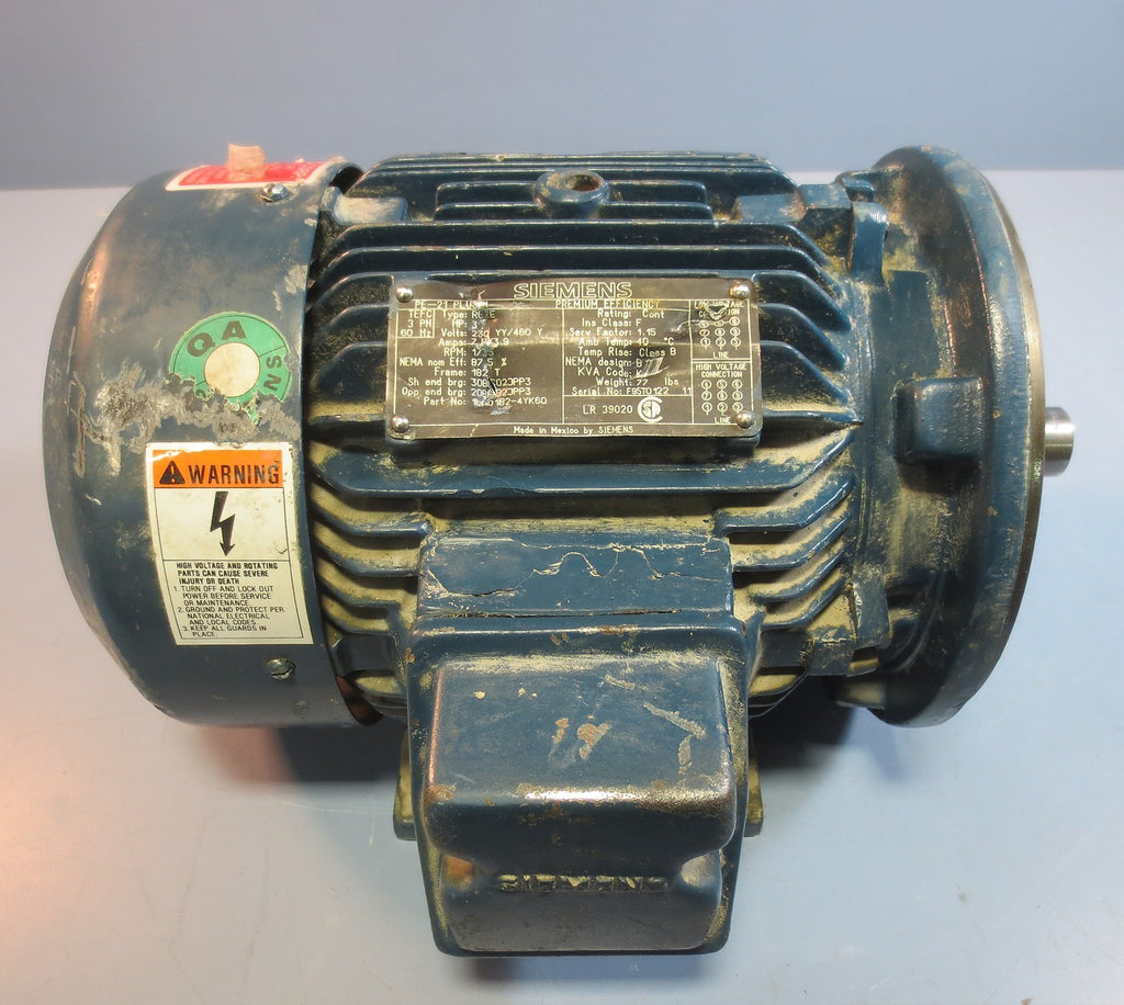 Siemens PE-21 Plus 3 Ph AC Motor 3 HP 1735 RPM Type: RGZE P/N: 1LA0182 ...