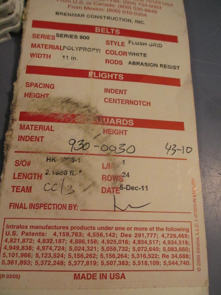 Intralox Series 900 Flush Grip White Conveyor Belt 11" Width 930-0030 | eTech Surplus