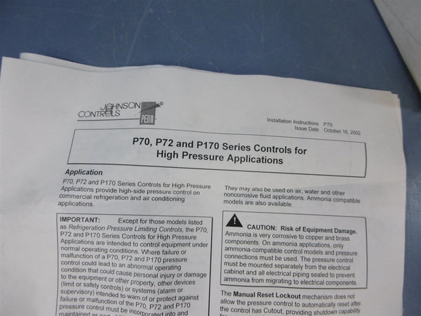 New Johnson Controls PENN P70DA-1E 4E041 High Pressure Lockout Control ...