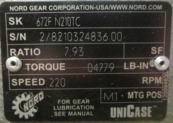 Nord SK 672F N210TC Gearbox 7.93:1 04779 LB-IN 220RPM 1-3/8" Shaft Dia ...