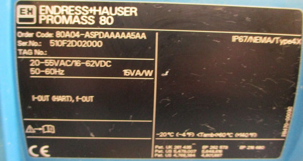 Endress Hauser Promass 80 Flowmeter 80A04-ASPDAAAAA5AA 20-55VAC/16-62V ...