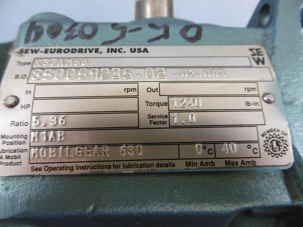 Sew Eurodrive Inc K37AM56 Gear Reducer Ratio 5.36 Torque 1240 | eTech ...