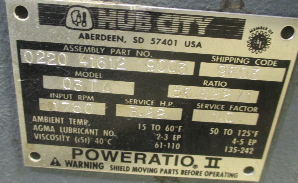 Hub City 03TA Gear Reducer 0220-41612-9003 56.622:1 Ratio 3.22 HP 1750 ...