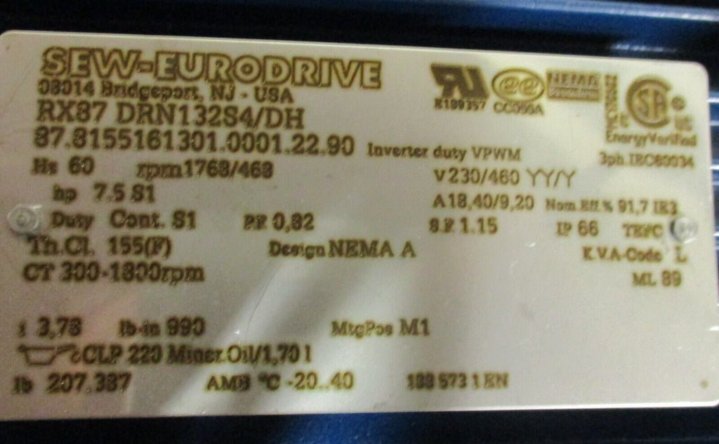 Sew Eurodrive RX87 DRN132S4/DH Gear Motor 7.5 HP, 468 Final RPM Out, 3 ...