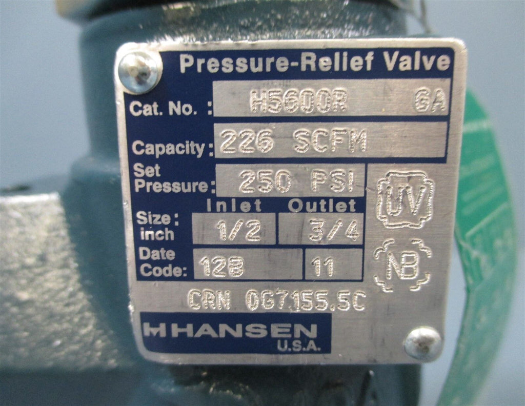 Hansen Pressure Relief Valve- for Refrigerant: H56 00R/250, 1/2"X3/4 ...
