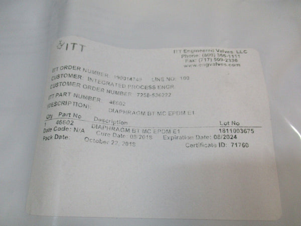 ITT 46602 Diaphragm BT MC EPDM E1 Factory Sealed | eTech Surplus