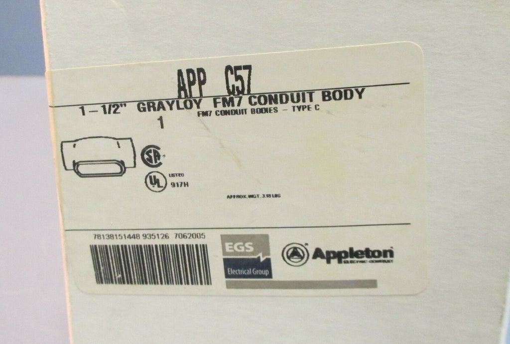 Appleton C57 1-1/2" Grayloy FM7 Conduit Body Type C NIB | eTech Surplus