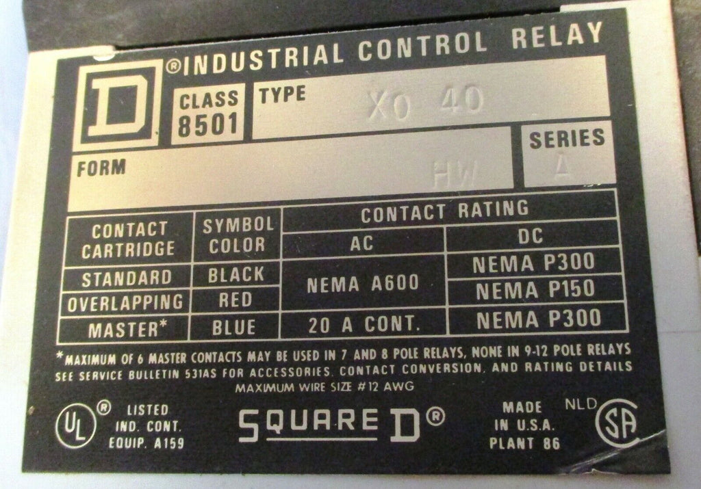 Square D 8501 XO 40 Form HW Series A Control Relay w/ XTD2 Timing Rela ...