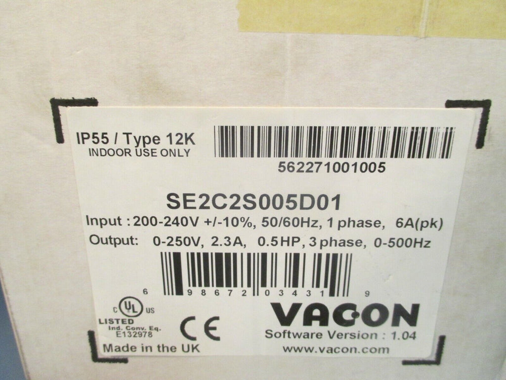 VACON X Series SE2 Variable Speed Drive 0.5HP, 1PH IP55/Type 12K SE2C2 ...