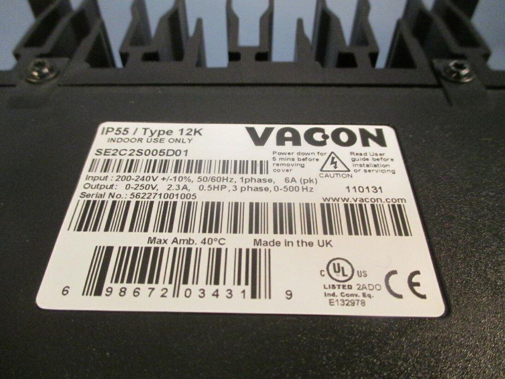 VACON X Series SE2 Variable Speed Drive 0.5HP, 1PH IP55/Type 12K SE2C2 ...
