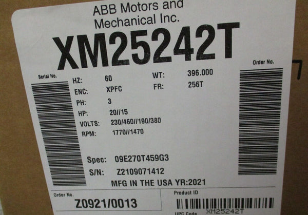 Baldor XM25242T Motor 20/15 HP, 1770/1740 RPM, 3 Phase, 256T Frame ...