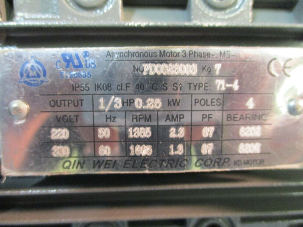 Qin Wei Asynchronous 220 / 380 V Motor PD0823009 w/ Wan Sin Worm Reduc ...