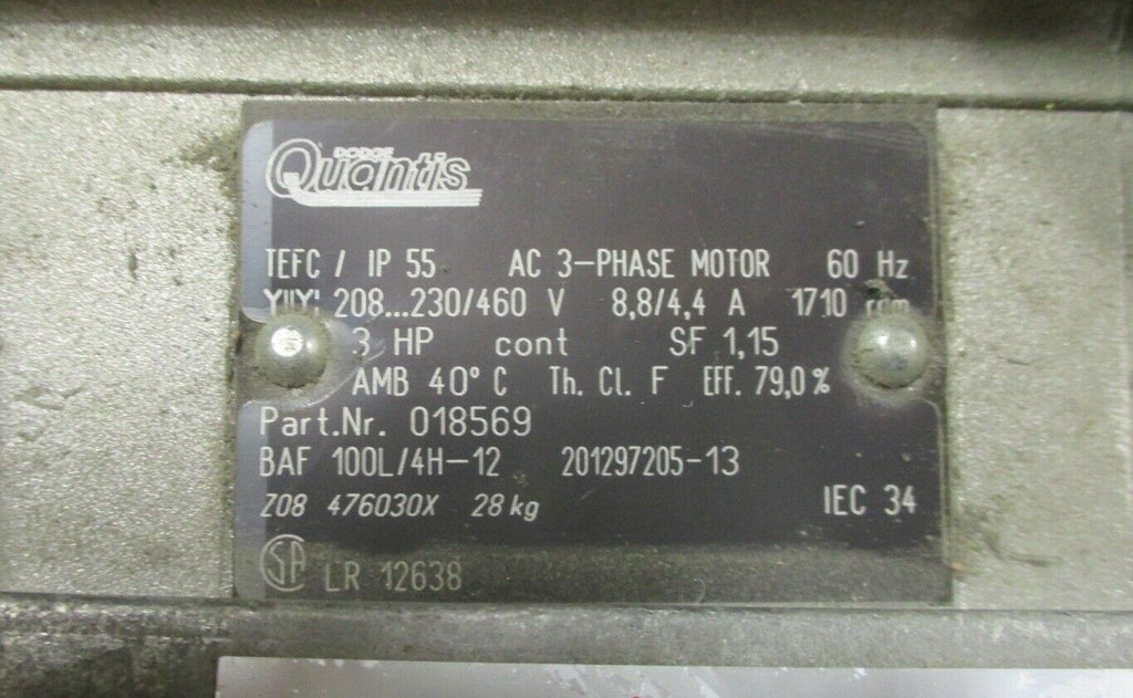 Dodge Quantis BAF 100L/4H-12 Brake Motor 3 Phase AC, 3 HP, 1710 RPM, 0 ...
