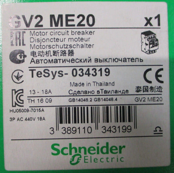 Schneider Electric GV2ME20 Motor Circuit Breaker TeSys-034319 13-18A ...
